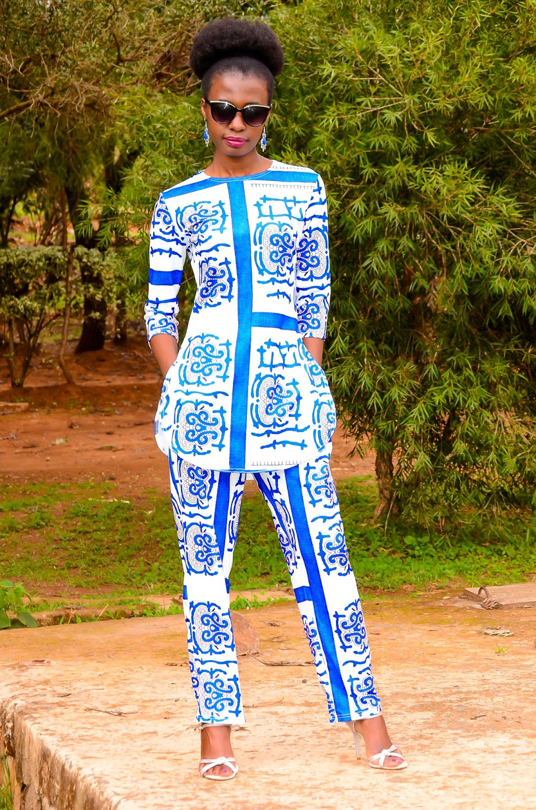 Wearing A Blue And White Porcelain Print Two Piece Set