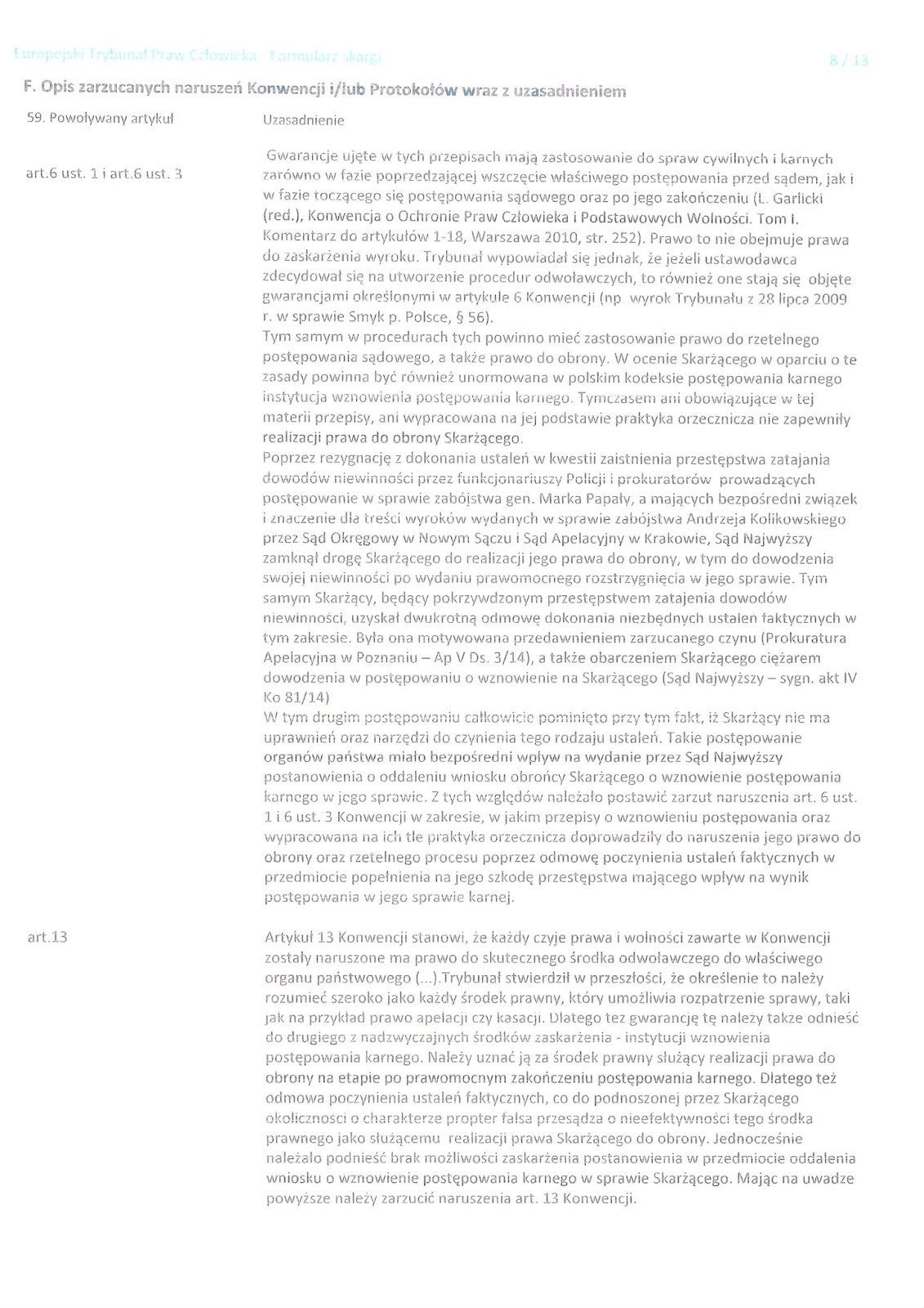 Skarga do Europejskiego Trybunału Praw Człowieka oraz Wniosek do ...