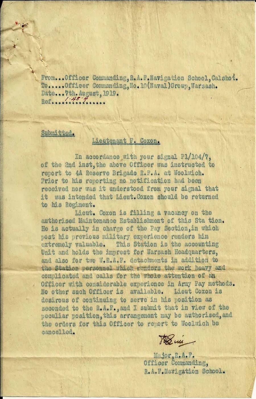 Royal Field Artillery WW1: Capt Fred Coxen's Military Career (last posting)