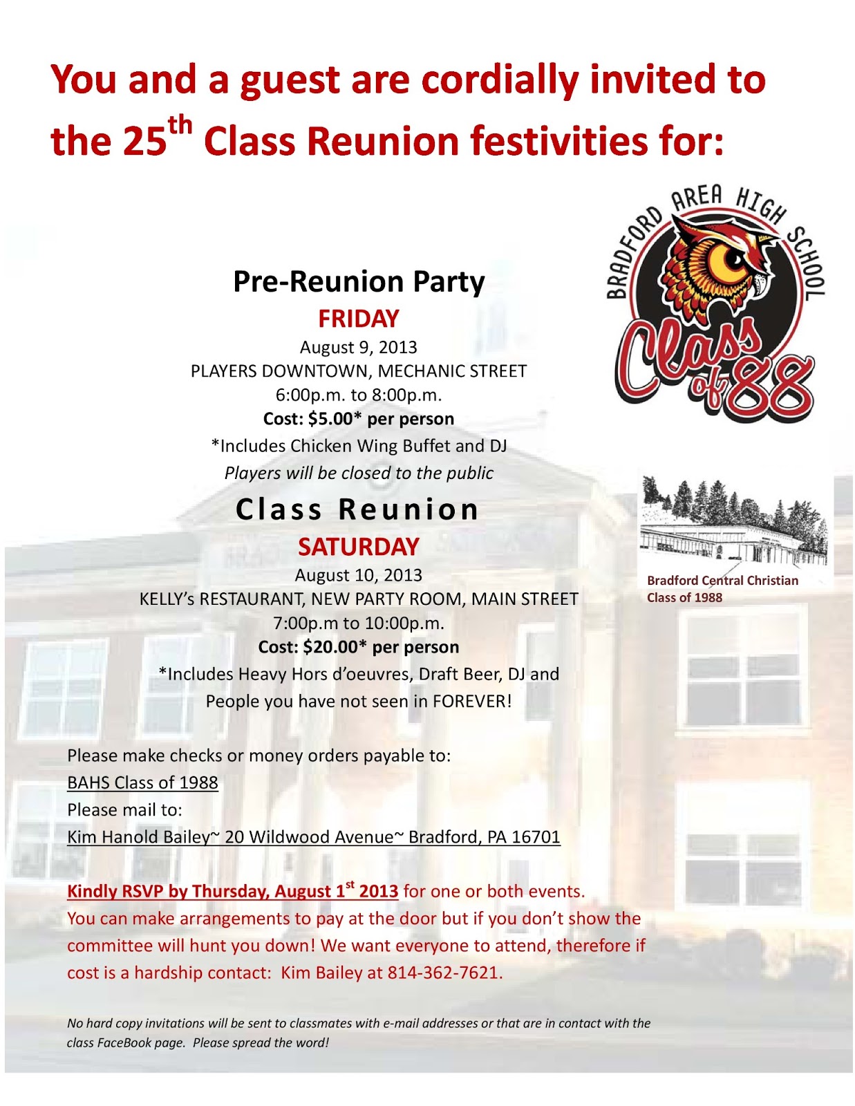 Bradford Area High School Class of 1988: Class Reunion Details