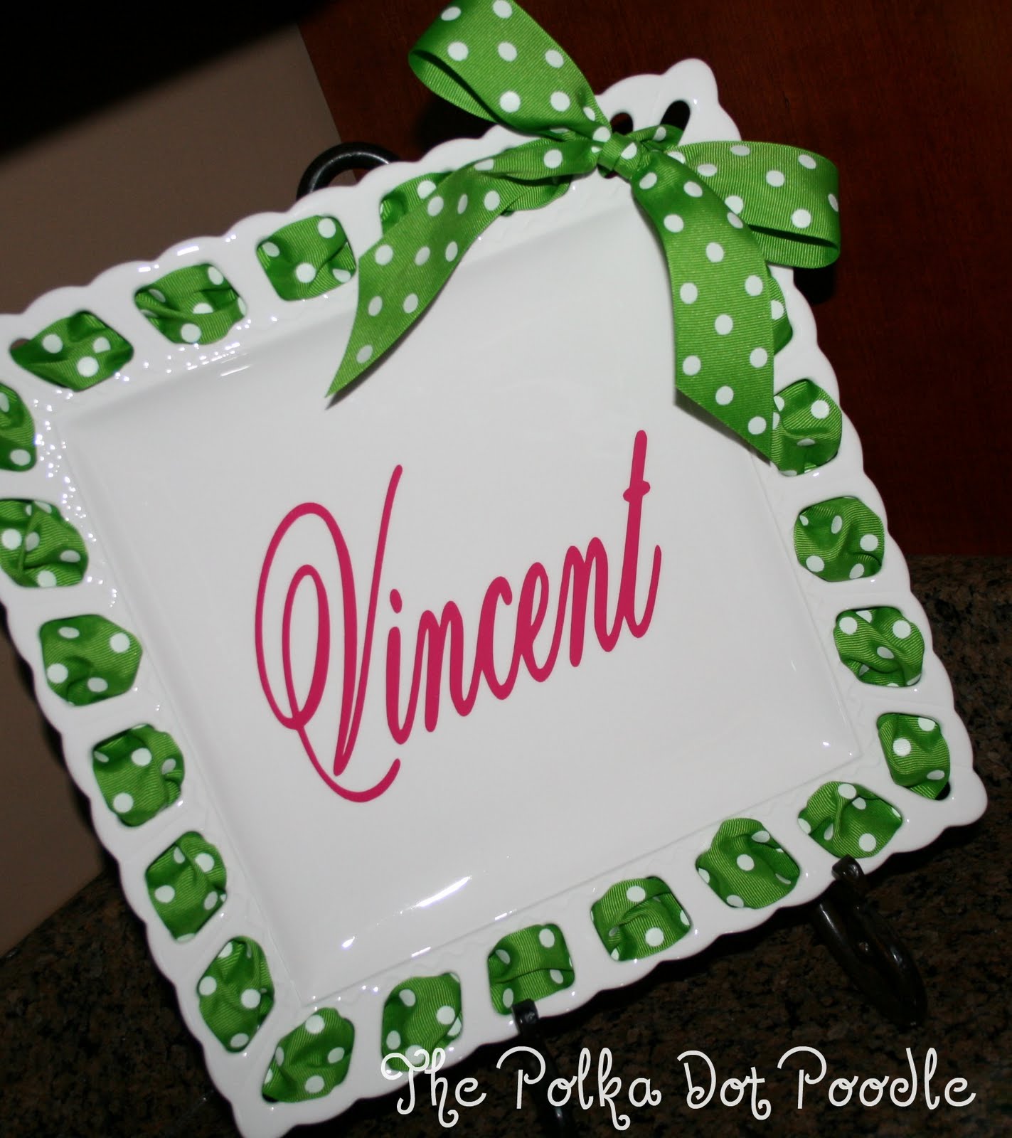 The Polka Dot Poodle: Square Ribbon Plate $42