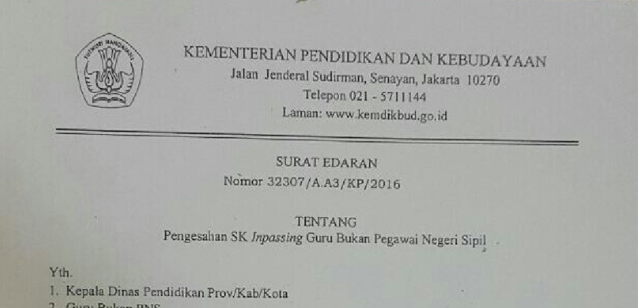 SURAT EDARAN TENTANG PENGESAHAN SK INPASSING GURU NON PNS TAHUN 2016 ...
