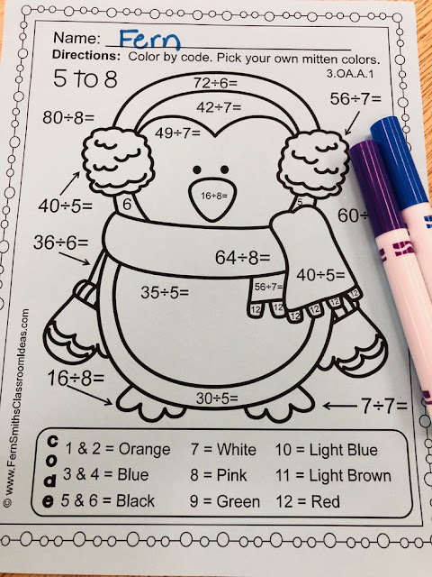 Winter Fun! Color By Numbers Printables - Multiplication and Division ...