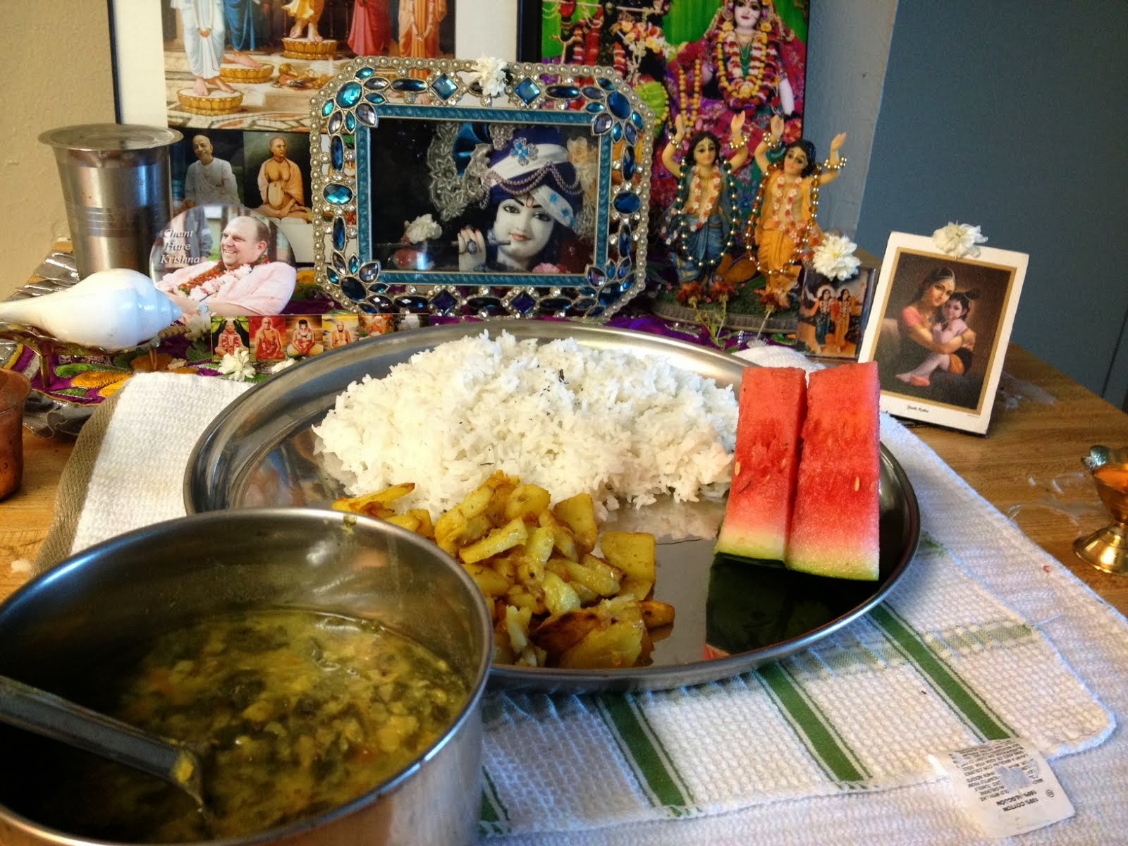 Krishna Prasadam -Rice, Spinach and Dhal, water melon : Krishna