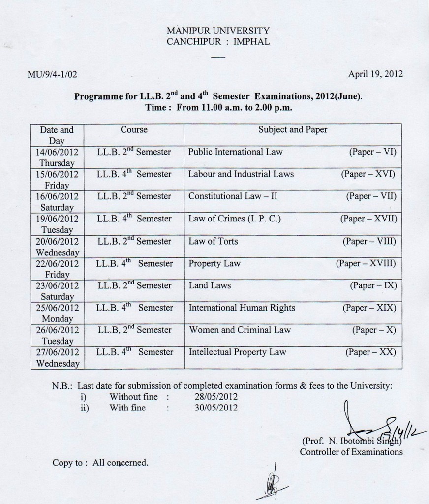 Manipur University LLB 2nd and 4th Semester Exam Time Table 2012 ~ Exam ...