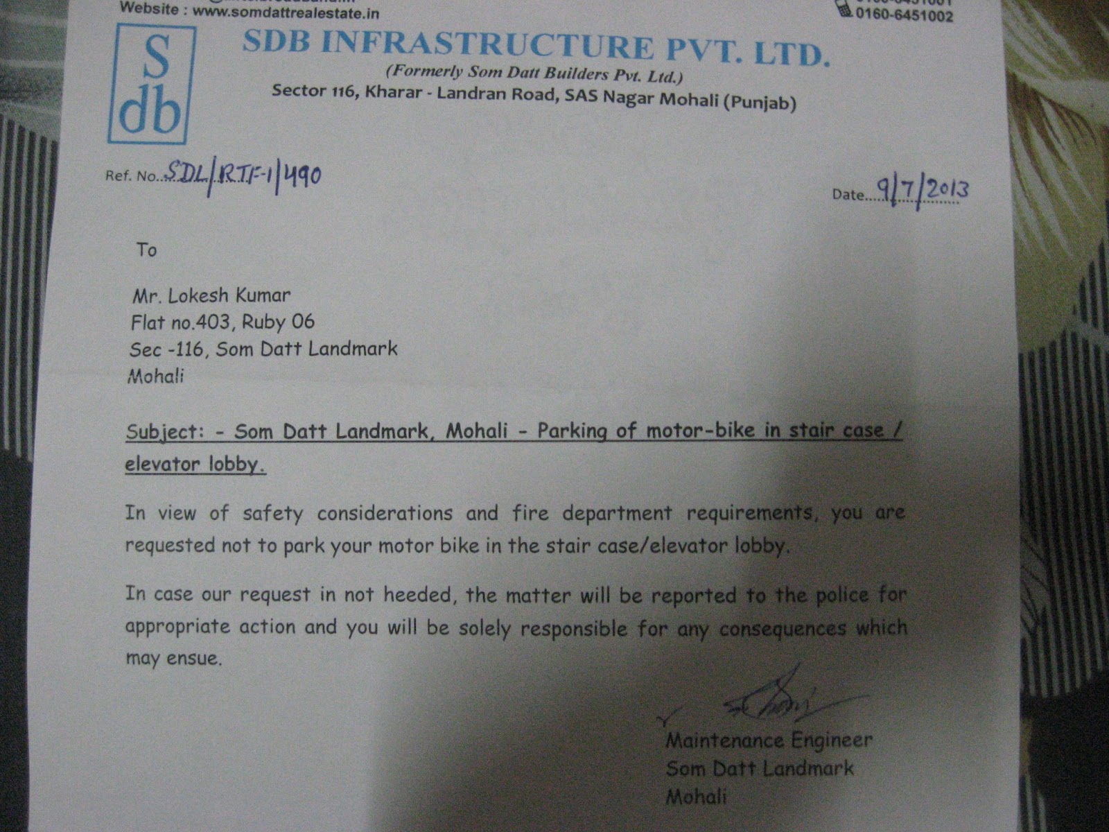 SDB Infrastructure Pvt Ltd- Letters to me and to all- example of ...