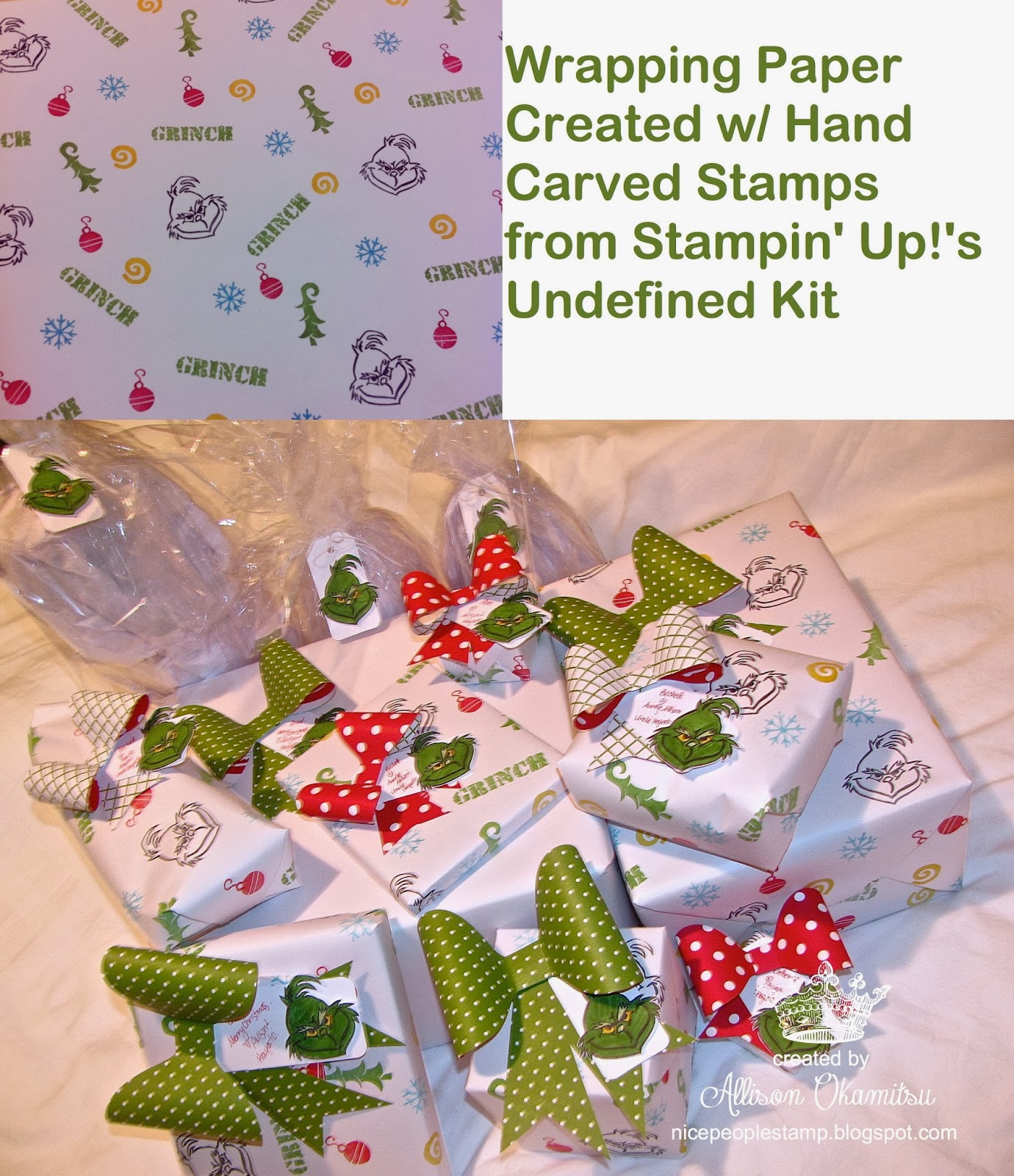 Stamped Wrapping Paper w/ Hand Carved Stamps - Nice People STAMP!