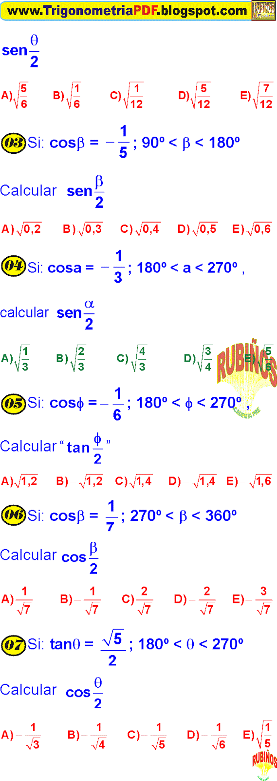 IDENTIDADES DEL ANGULO MITAD EJERCICIOS RESUELTOS DE TRIGONOMETRIA PDF