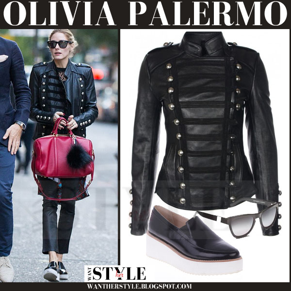 Olivia Palermo in black leather military jacket and black platform wedge loafers in New York on ...