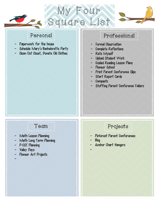 The SOS Teacher : Four Square To-Do List and daily checklists.