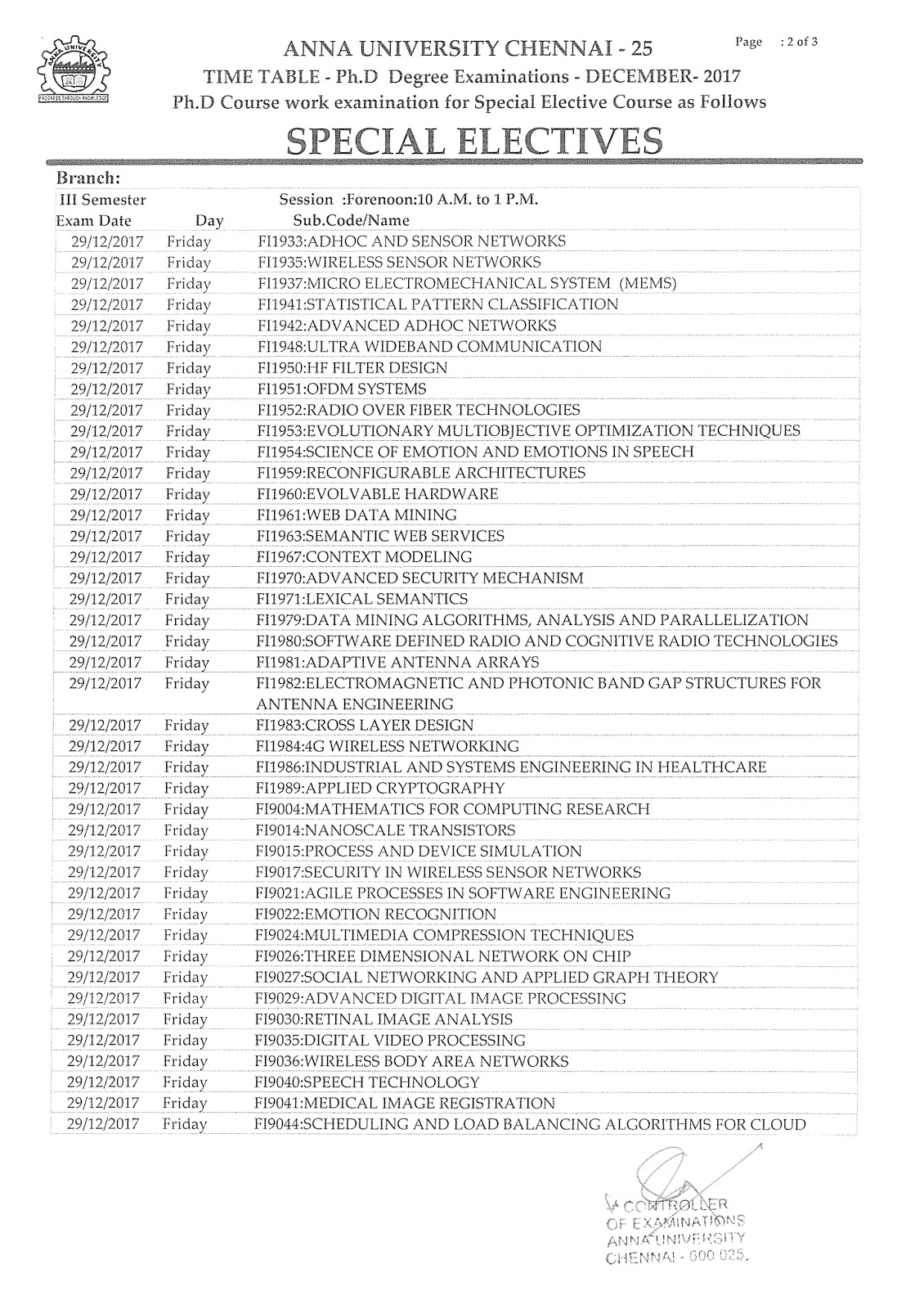 Ph.D., Course Work (Special Electives) - Time Table - Anna University ...