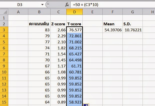 การแปลงคะแนนดิบ เป็นคะแนนที (T-score) ด้วย Excel 2010