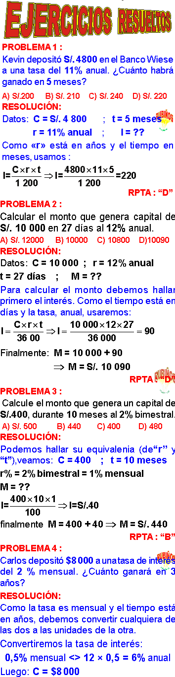 REGLA DE INTERÉS SIMPLE EJEMPLOS Y EJERCICIOS RESUELTOS Y PARA RESOLVER