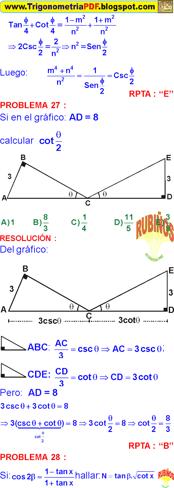 IDENTIDADES DEL ANGULO MITAD EJERCICIOS RESUELTOS DE TRIGONOMETRIA PDF