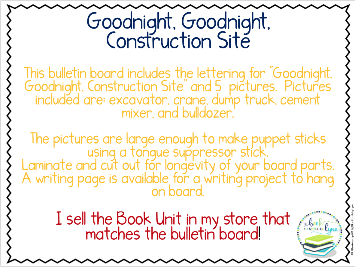 GOODNIGHT, GOODNIGHT, CONSTRUCTION SITE BULLETIN BOARD ~ Book Units by Lynn