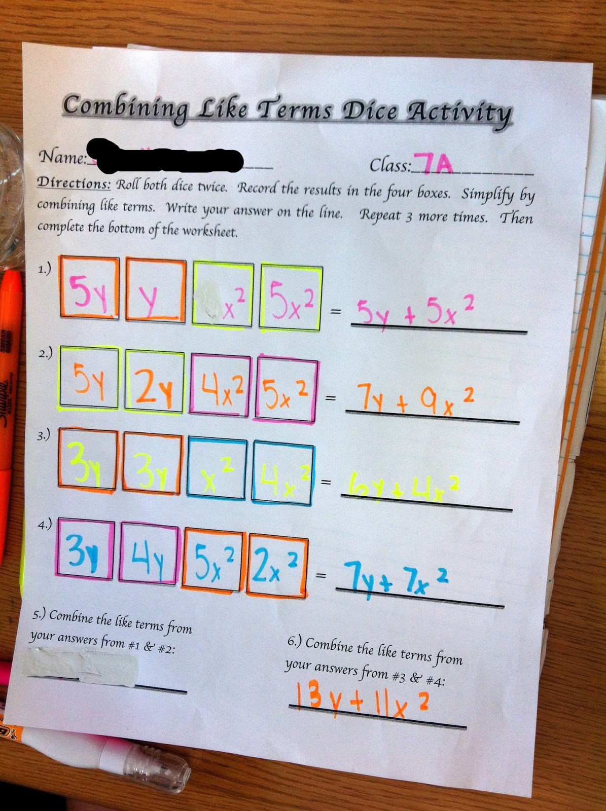 Combining Like Terms Dice Activity