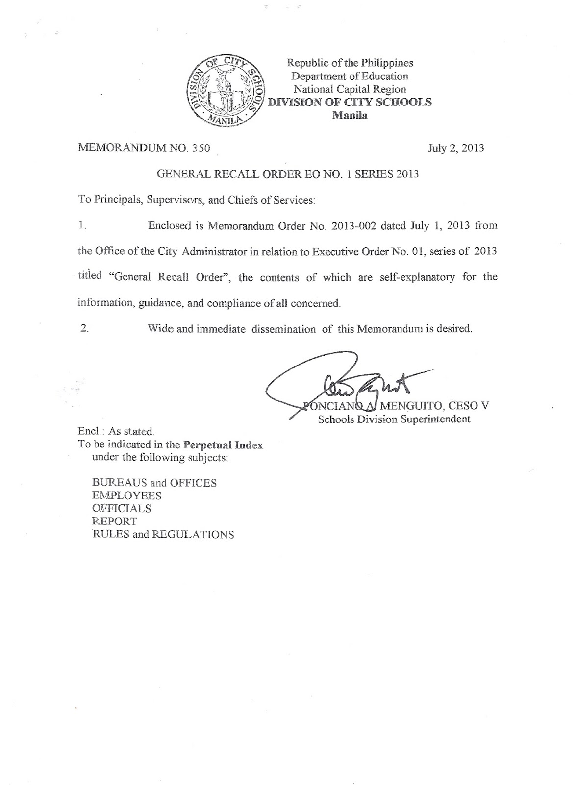 Department of Education Manila: Memorandum No. 350, General Recall ...