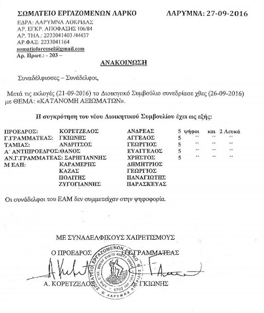 ΛΑΡΚΙΚΑ ΝΕΑ: ΣΩΜΑΤΕΙΟ ΛΑΡΚΟ - ΣΥΓΚΡΟΤΗΣΗ ΝΕΟΥ Δ.Σ ΣΕ ΣΩΜΑ
