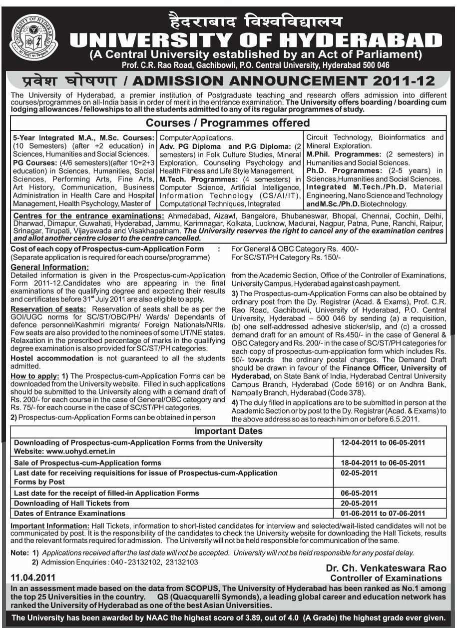 Admission Alerts: University Of Hyderabad: Admission Announcement 2011-12