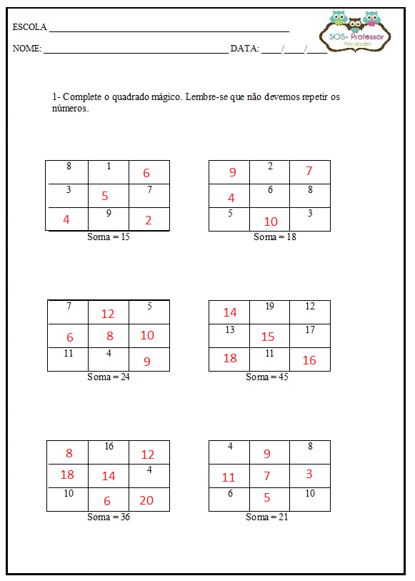 SOSPROFESSOR-ATIVIDADES: Quadrado Mágico