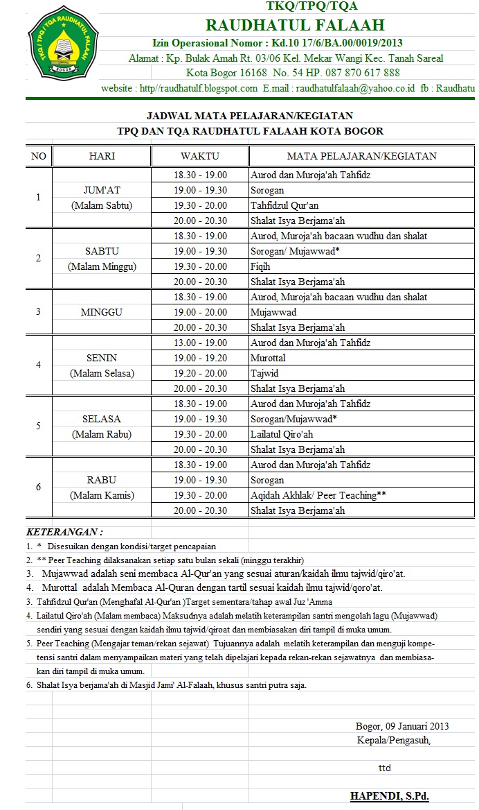 Contoh Jadwal Pelajaran Tpq - Jadwal Pelajaran Tpq Dan Madin Al - Download jadwal pendidikan tpq ...
