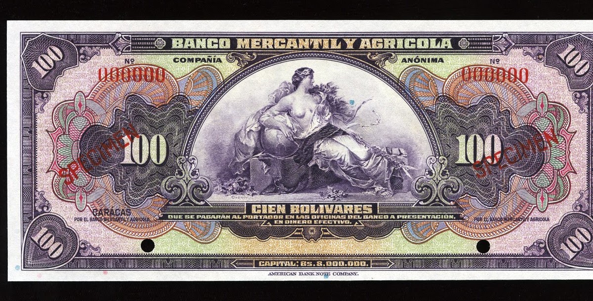 Venezuela 100 Bolivares banknote 1929 Banco Mercantil y Agricola de ...