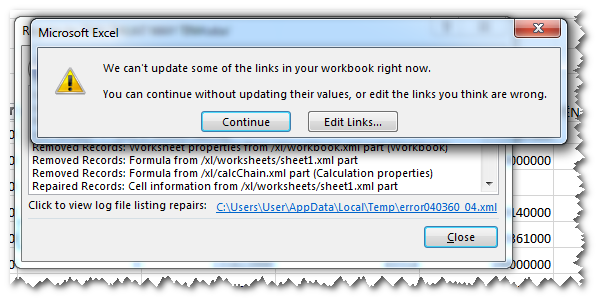 File Excel báo lỗi "We found a problem with some content in ‘File Name ...