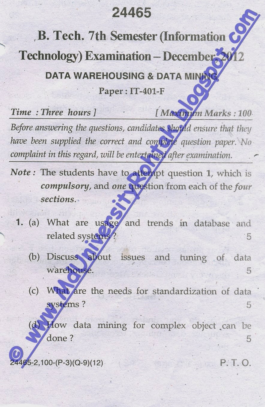 Data Warehousing & Data Mining - December 2012 Question Paper - MDU