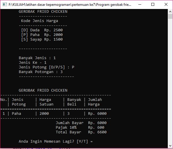Catatan Kuliah: Membuat program Gerobak Fried Chicken menggunakan perintah Array