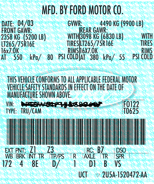 Replacement VIN (vehicle identification number) Stickers: Door Jam ...