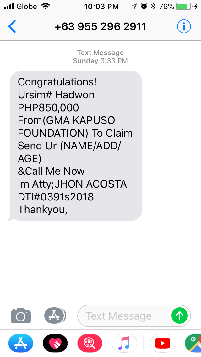SCAM: My First Scam Text This Year; 850000 Pesos from GMA Kapuso Foundation