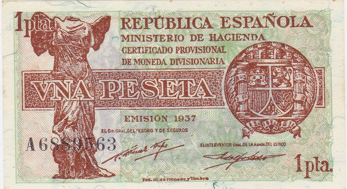 Spain 1 Peseta banknote 1937 Nike of Samothrace|World Banknotes & Coins ...