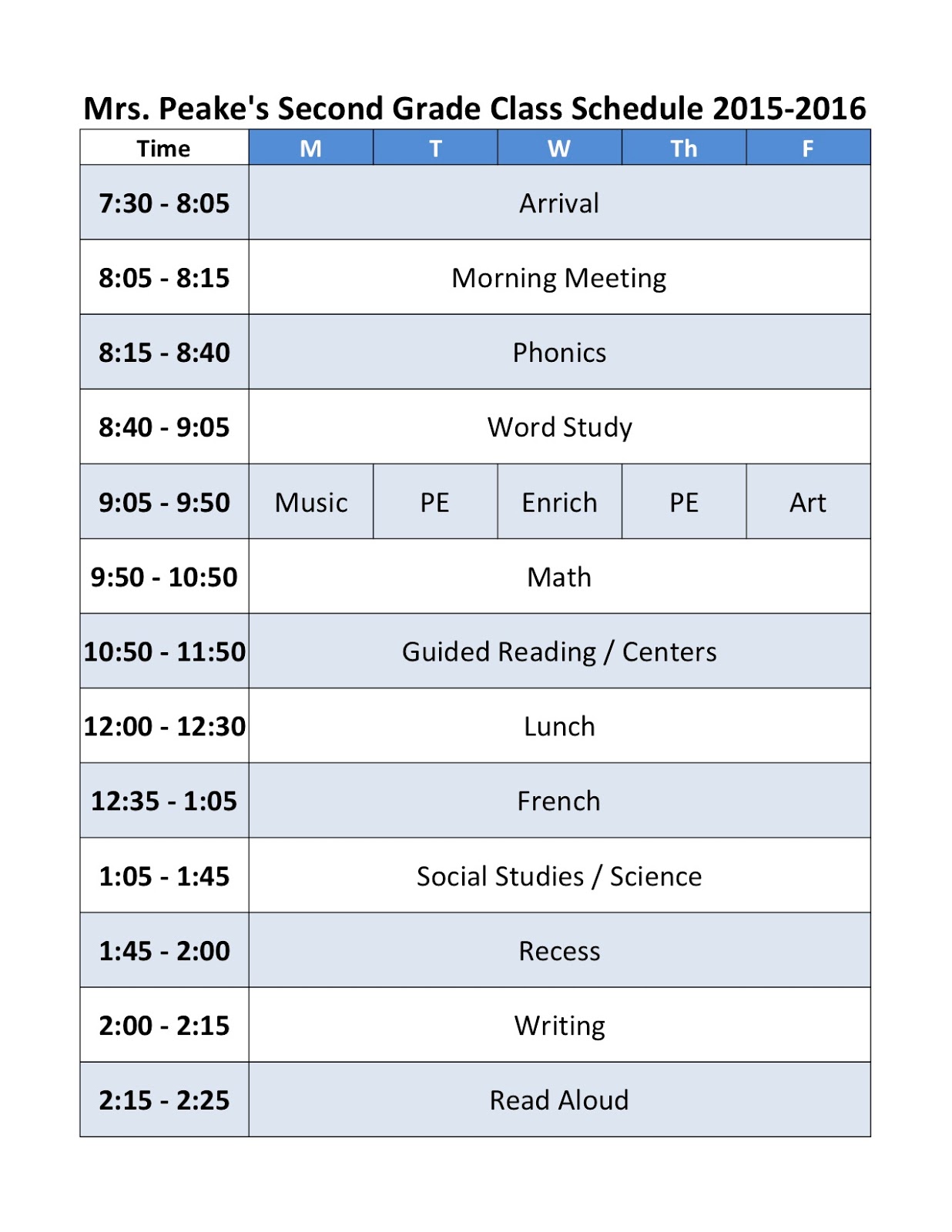 Mrs. Peake's Second Grade: Daily Schedule