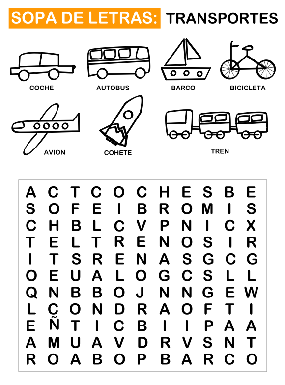 EXAMEN TICAE II - UNIR: Sopa de letras de los medios de transporte