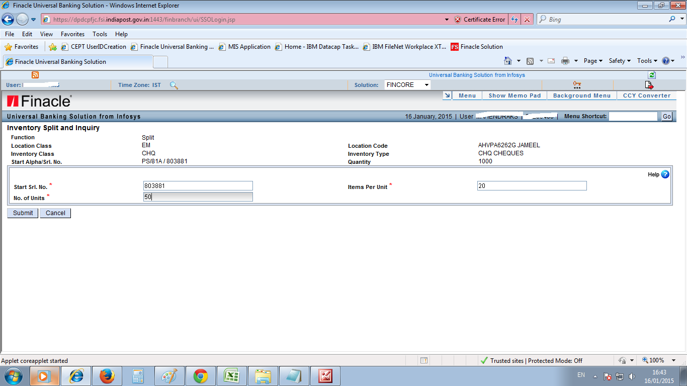 Split Cheque Book Inventory In DOP Finacle