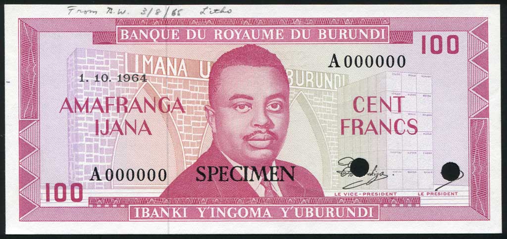 Burundi paper money 100 Francs banknote of 1964 Prince Louis Rwagasore ...