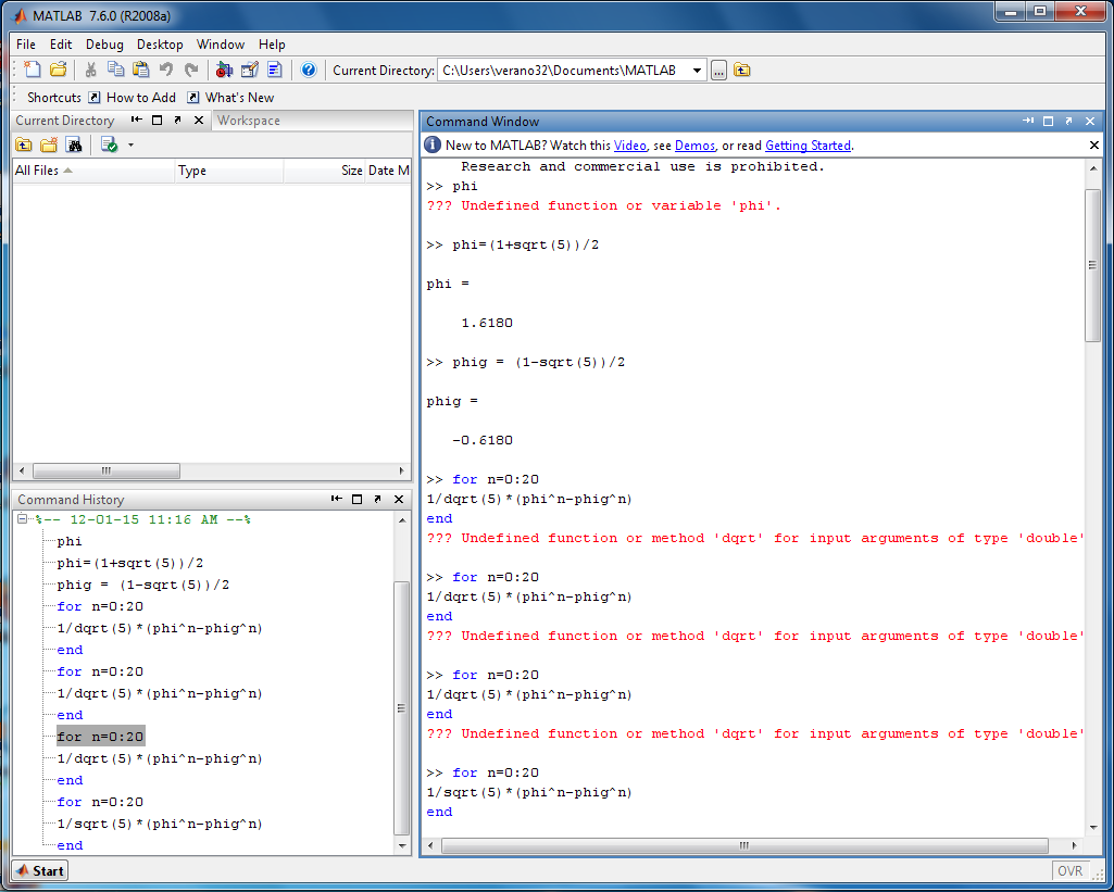 Another's Blog : Dia 6: Matlab, Introducción y Numero Φ