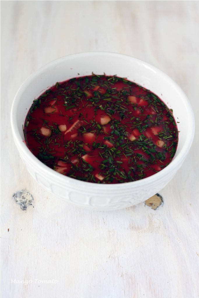 Mango & Tomato: Cold beet soup with potatoes, cucumbers, herbs & buttermilk
