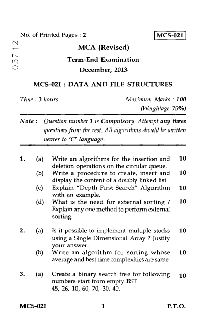 Ignou Mcs 021 Data And File Structures Mca 2013 Question Paper University Question Papers
