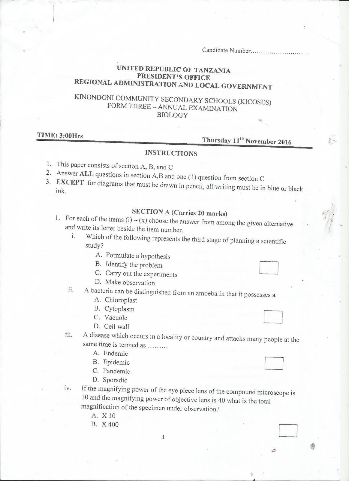 SCIENCE STUDY NOTES & PAST PAPERS BLOG: BIOLOGY ----FORM THREE--ANNUAL ...
