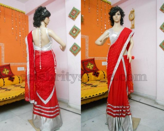 Red Half Sari with Silver Blouse - Saree Blouse Patterns