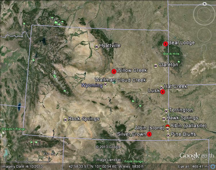 Meteorite Maps and Impact Craters - Worldwide: Wyoming Meteorites Map