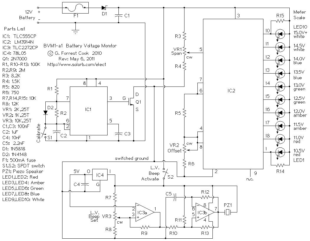 12 Volt Battery Voltage Monitor - BVM1 Circuit Diagram