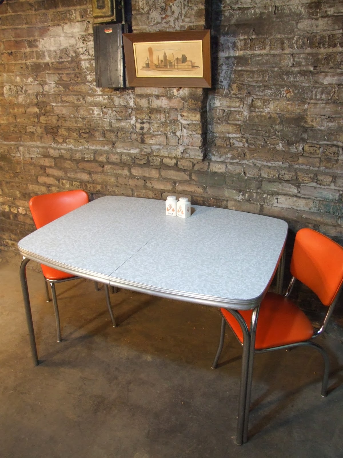 Mid Century Chicago: 1950's Formica and Chrome Dining Table w/ Leaf