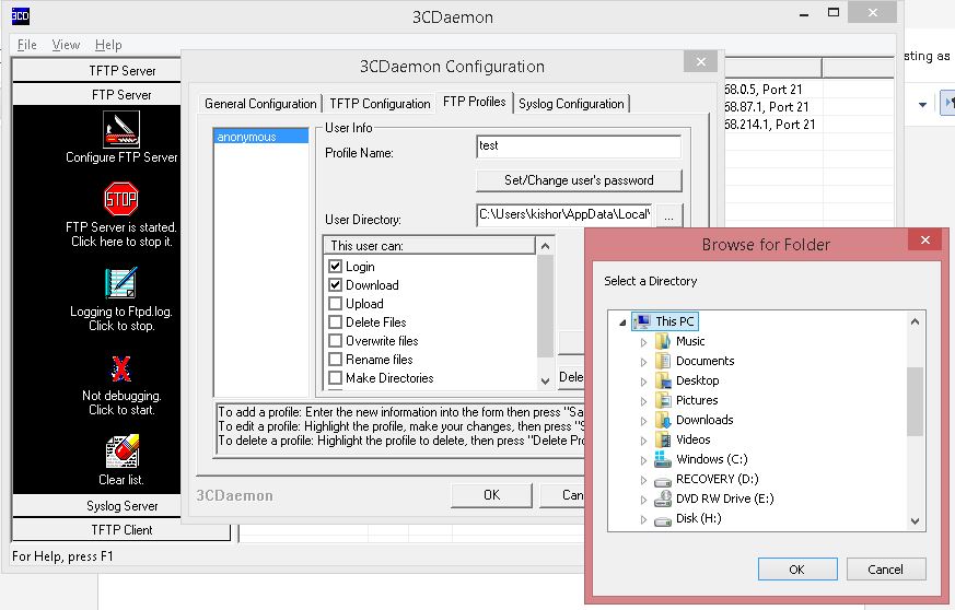 Configuration of FTP using 3CDaemon