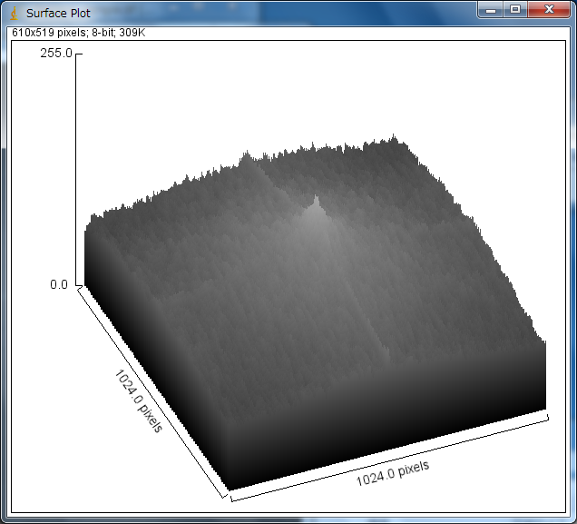 （上記FFTを実施した状態で、Analyse>Surface Plot ※表示設定はデフォルト）
