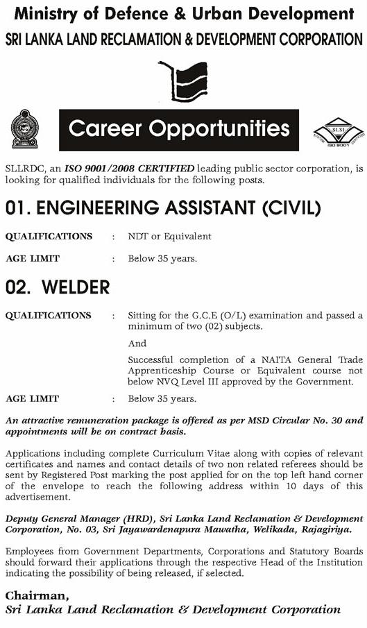 Vacancies for Civil Engineering Assistant and welders