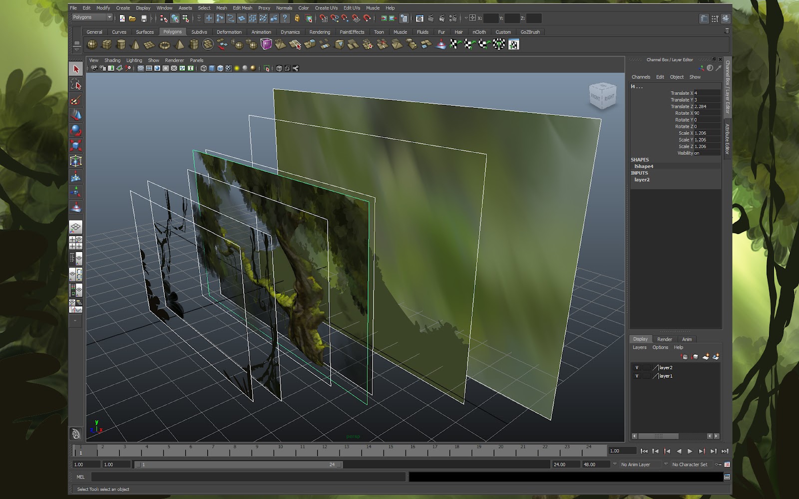 dbcharacters: 2D Paints layered in Maya for Paralax animation