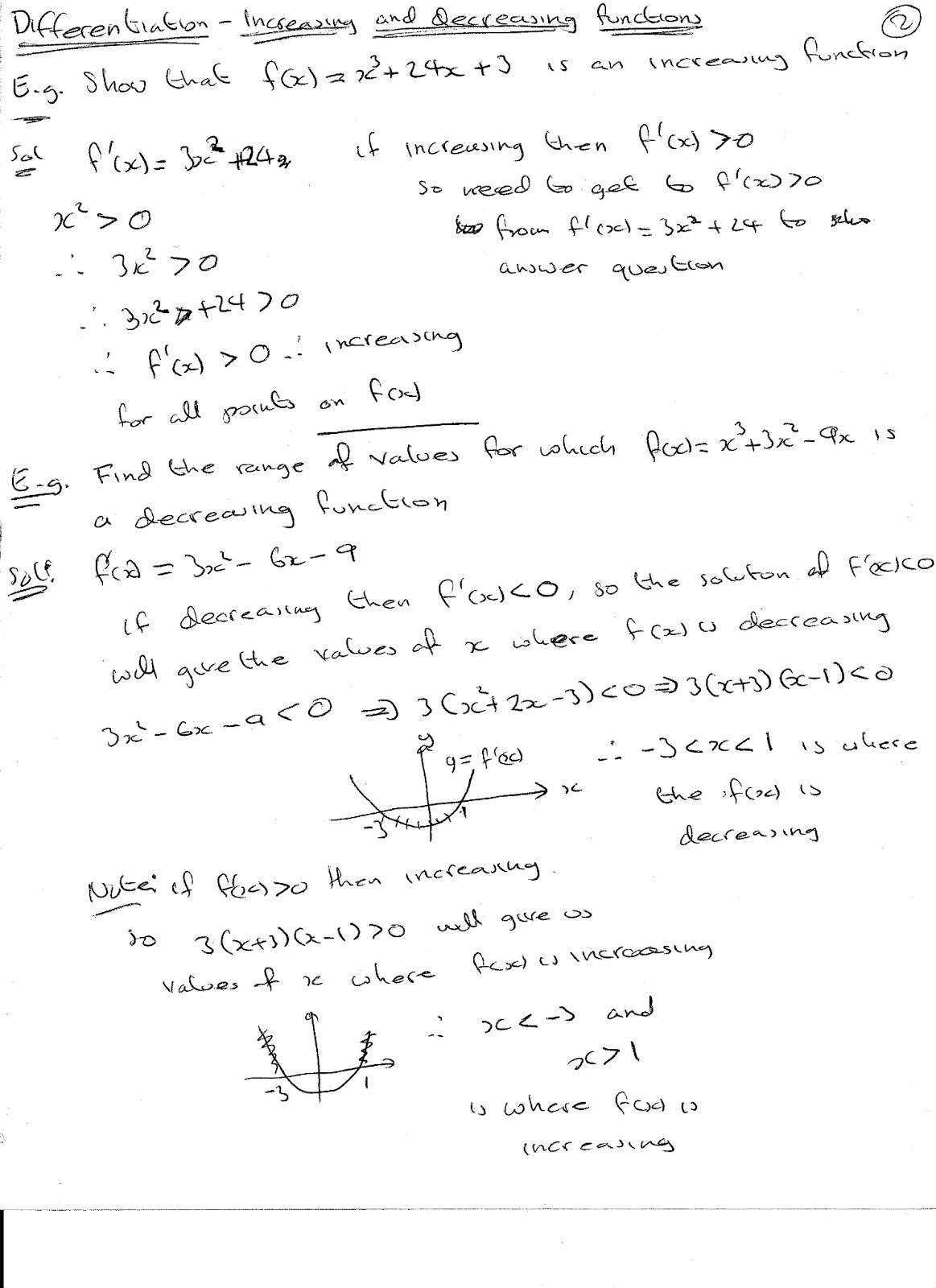 A Level Maths Notes: Differentiation - Increasing and Decreasing Functions