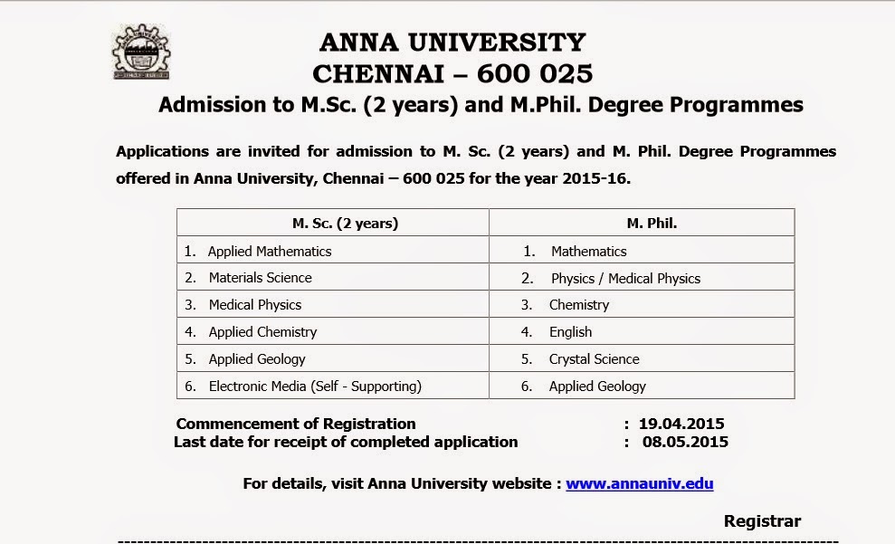 Anna University Chennai Admission to M.sc and M.Phil degree programmes ...